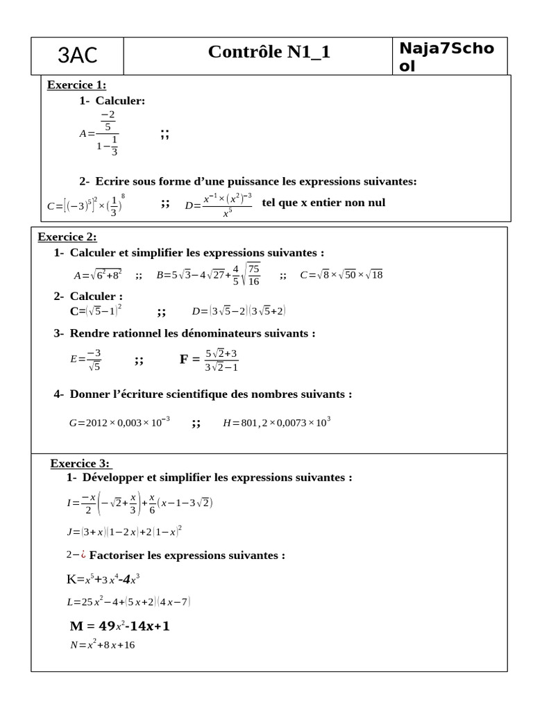 Contrôle Mathématiques 3AC Semestre 1 | PDF | Mathématiques ...