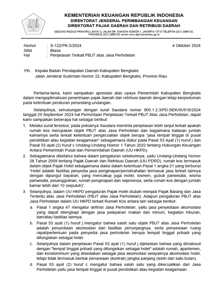 S-122 - PK5 - 2024 - Penjelasan Terkait PBJT Atas Jasa Perhotelan | PDF