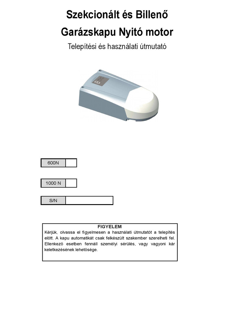 Kling KL 600N 1000N Garazskapu Nyito Motor Manual Hu | PDF