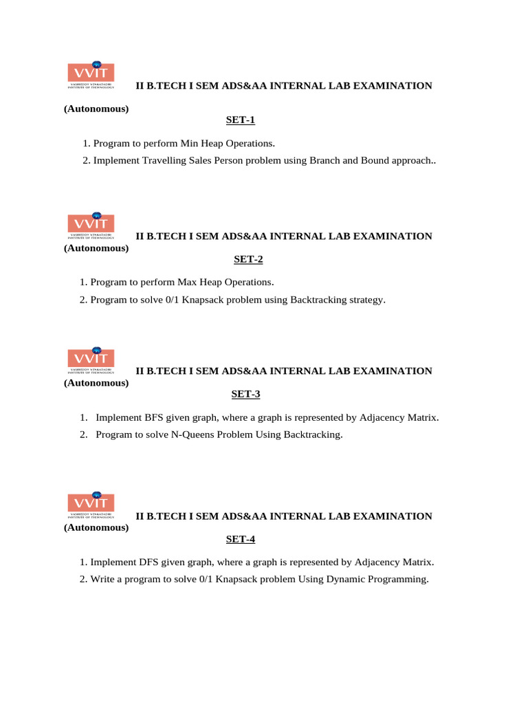 B.Tech I Sem ADS&AA Lab Exam Sets | PDF