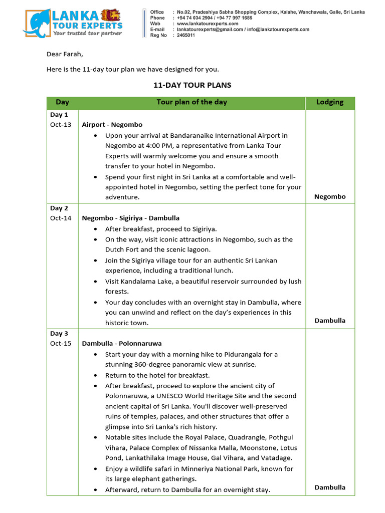 11-Day Tour Plan - Revised | PDF | Payments | Credit Card