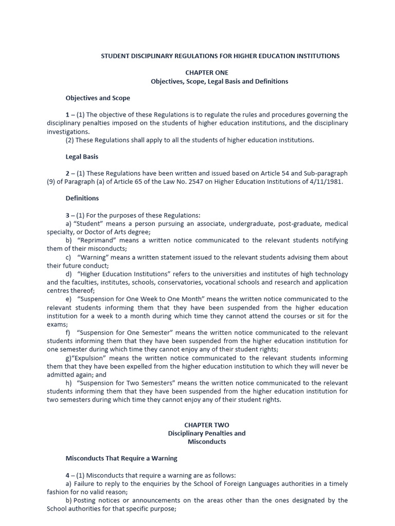Student Disciplinary Regulations For Higher Education Institutions ...