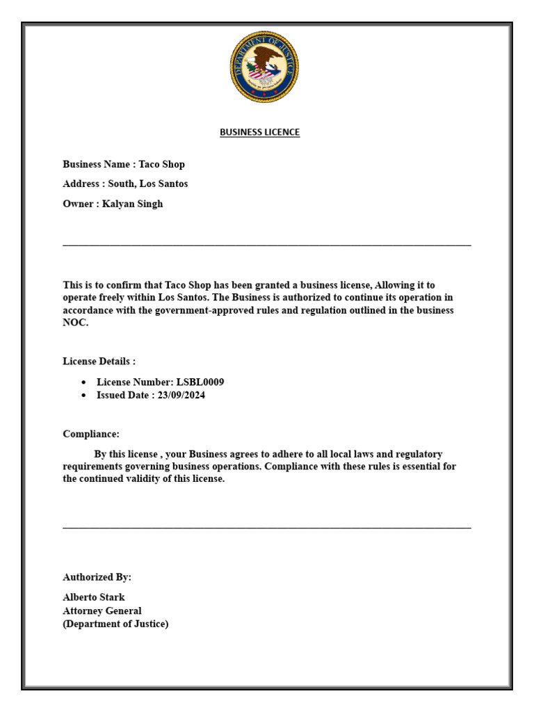 Taco Shop Business License Confirmation | PDF