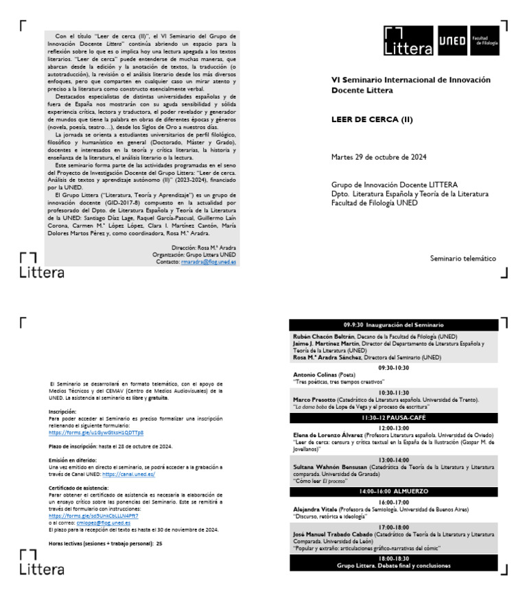 Díptico Programa VI Seminario Littera 2024 | PDF | Crítica literaria | Traducciones