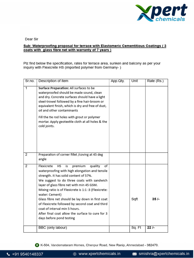 Waterproofing Proposal with flexicrete @ Chhatral | PDF | Cement | Concrete