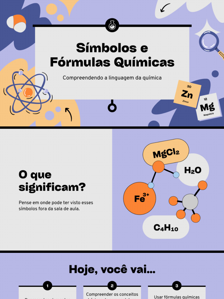 Apresentação educacional sobre símbolos e fórmulas químicas para ...