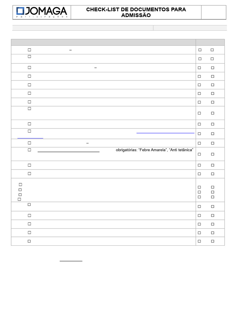 4 - Rp-Jmg-009-Check List de Documentos para Admissão Rev.6 | PDF
