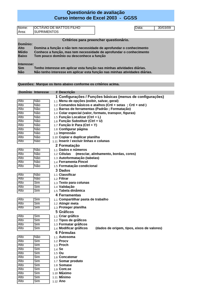 Questionario Curso Excel - AVALIACAO | PDF | Informática