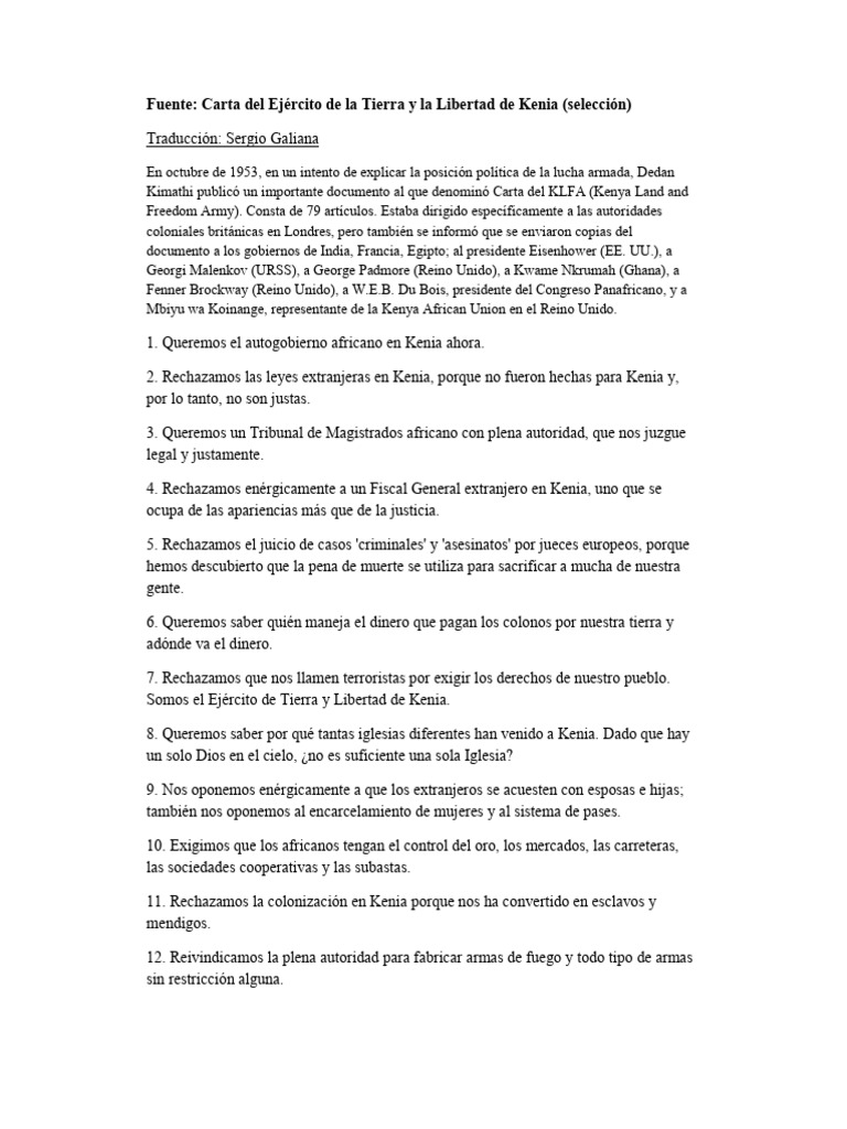 Carta del KLFA: Lucha por la Libertad | PDF | Kenia