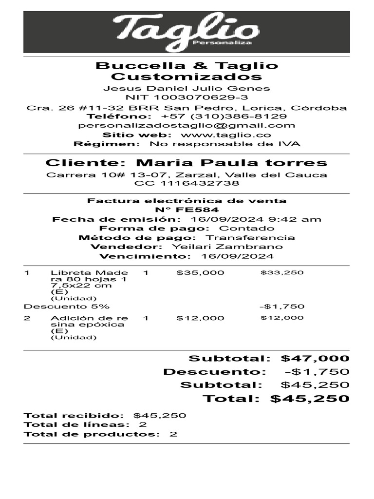 Buccella & Taglio Customizados: Teléfono: Sitio Web: Régimen | PDF