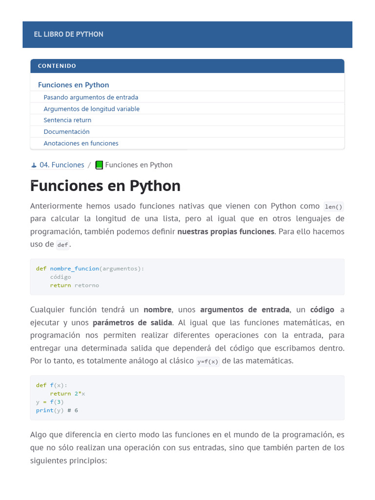 ? Funciones en Python _ El Libro De Python | PDF | Python (lenguaje de programación ...