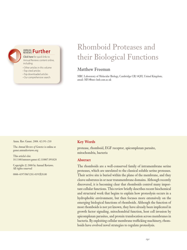 Annual Review On Rhomboid Proteases | PDF | Protease | Cell Biology