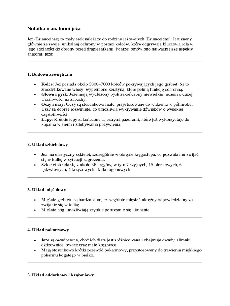 Notatka o Anatomii Jeża: 1. Budowa Zewnętrzna Kolce Głowa I Pysk Oczy I ...