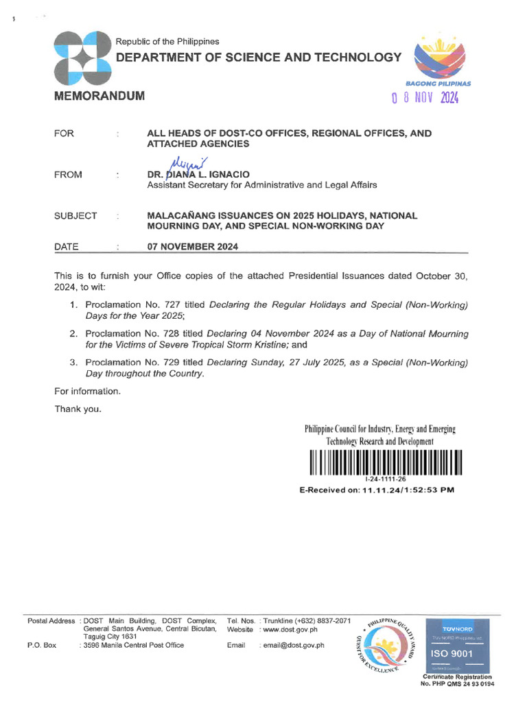 DOST 2025 Holidays Memo | PDF
