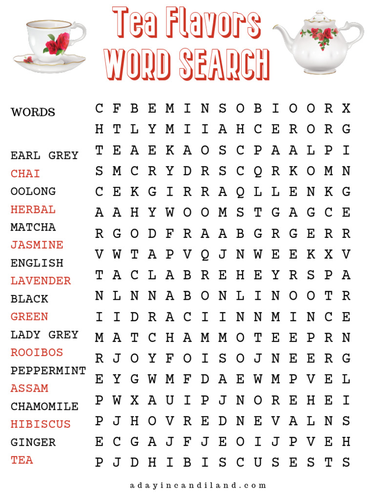 Word Search Tea Flavors Product | PDF | Tea | Drink
