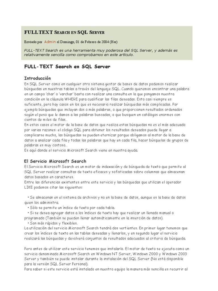 Fulltext Search En Sql Server Pdf Servidor Sql De Microsoft Sql