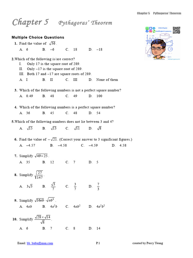 Pythagorean Theorem Quiz Questions | PDF | Square Root | Discrete ...