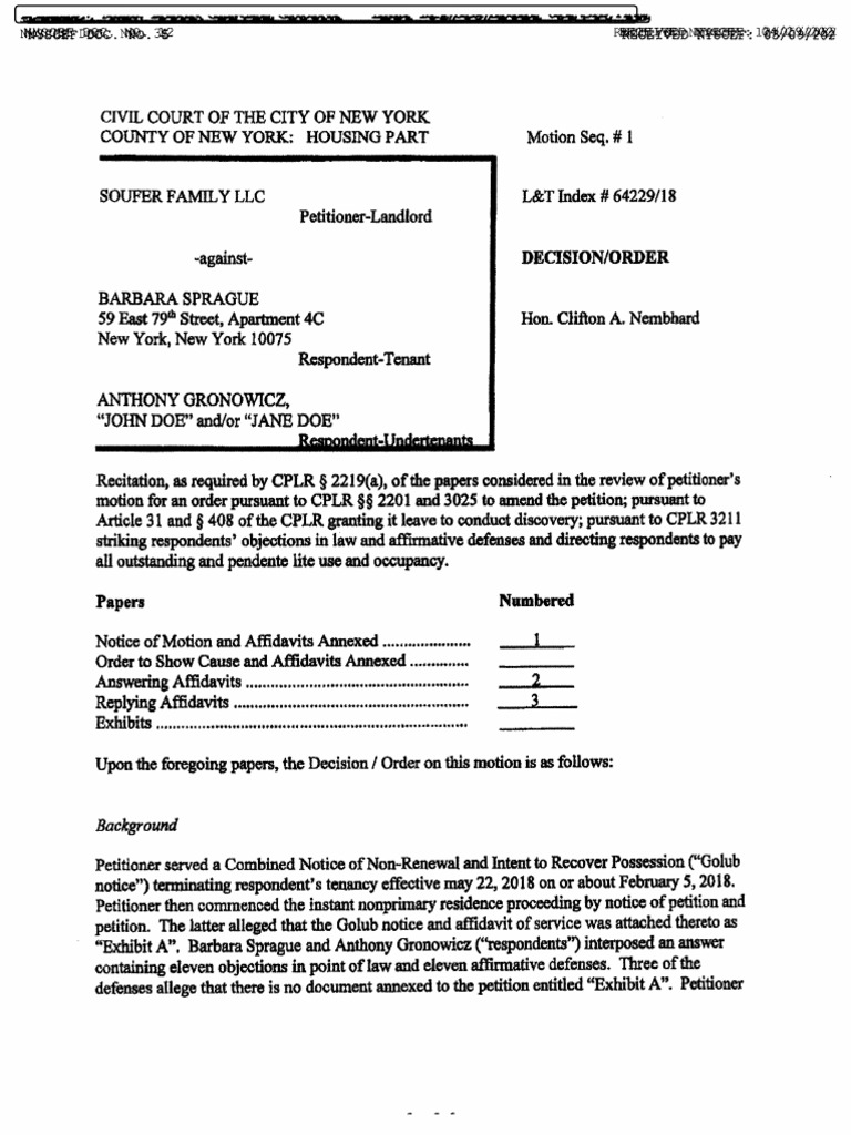 LT 064229 18 NY Soufer Family LLC V Barbara Sprague Et Al EXHIBIT S 59 ...