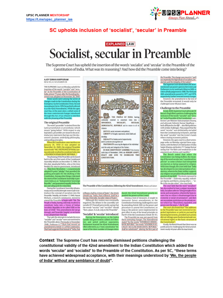 SC Upholds Inclusion of Socialist', Secular' in Preamble | PDF | Socialism | Political Science