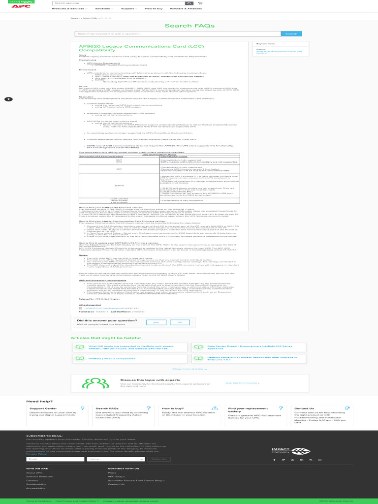 AP9620 Legacy Communications Card (LCC) Compatibility - APC United ...