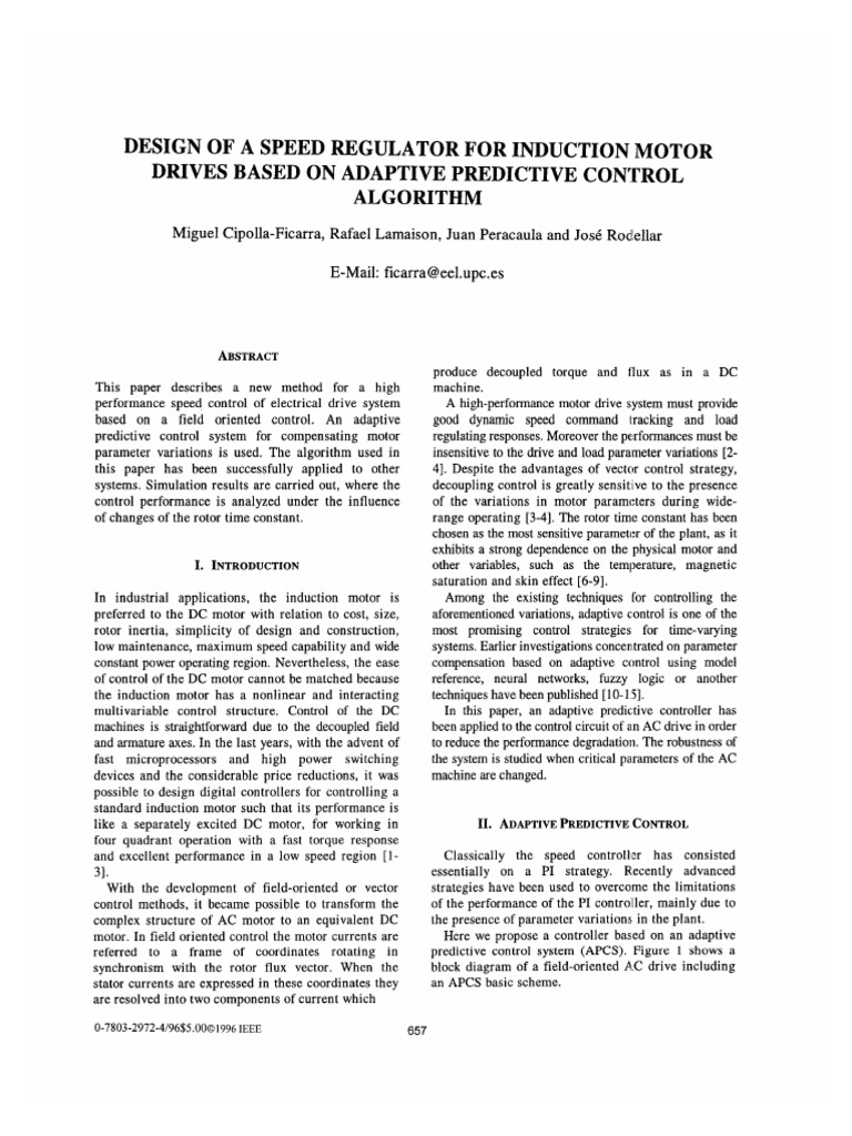 Design of a speed regulator for induction motor drives based on adaptive predictive control ...