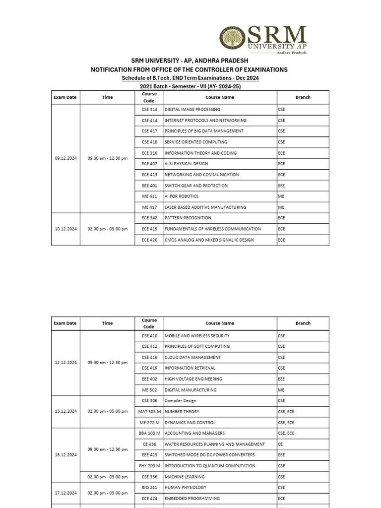 B.Tech Exam Schedule Dec 2024 | PDF | Electronic Engineering | Electrical Engineering