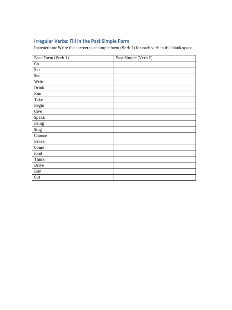 Irregular Verbs Fill in Past Simple | PDF