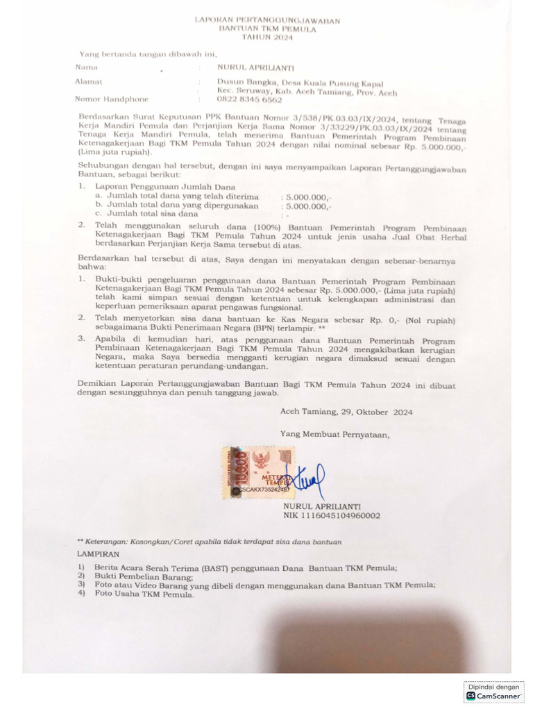 Laporan Pertanggungjawaban Bantuan TKM Pemula Tahun 2024 | PDF