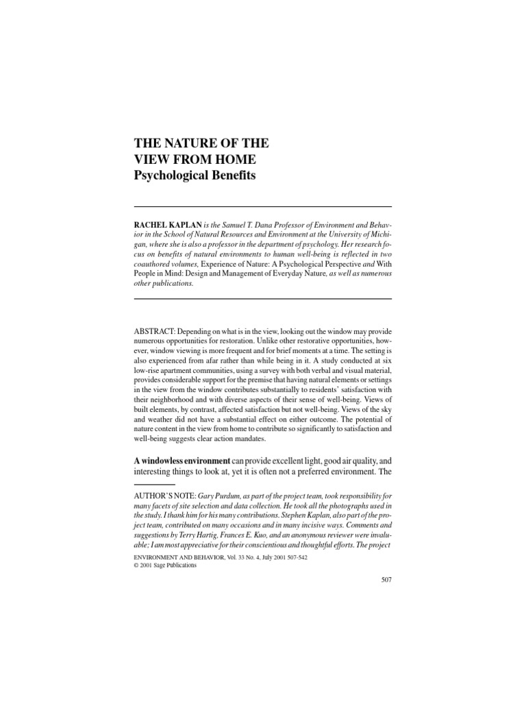 Kaplan 2001 The Nature of The View From Home Psychological Benefits ...