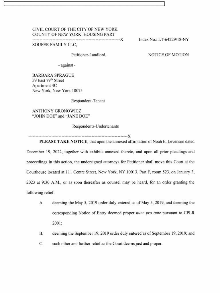 LT 064229 18 NY Soufer Family LLC V Barbara Sprague Et Al NOTICE OF ...