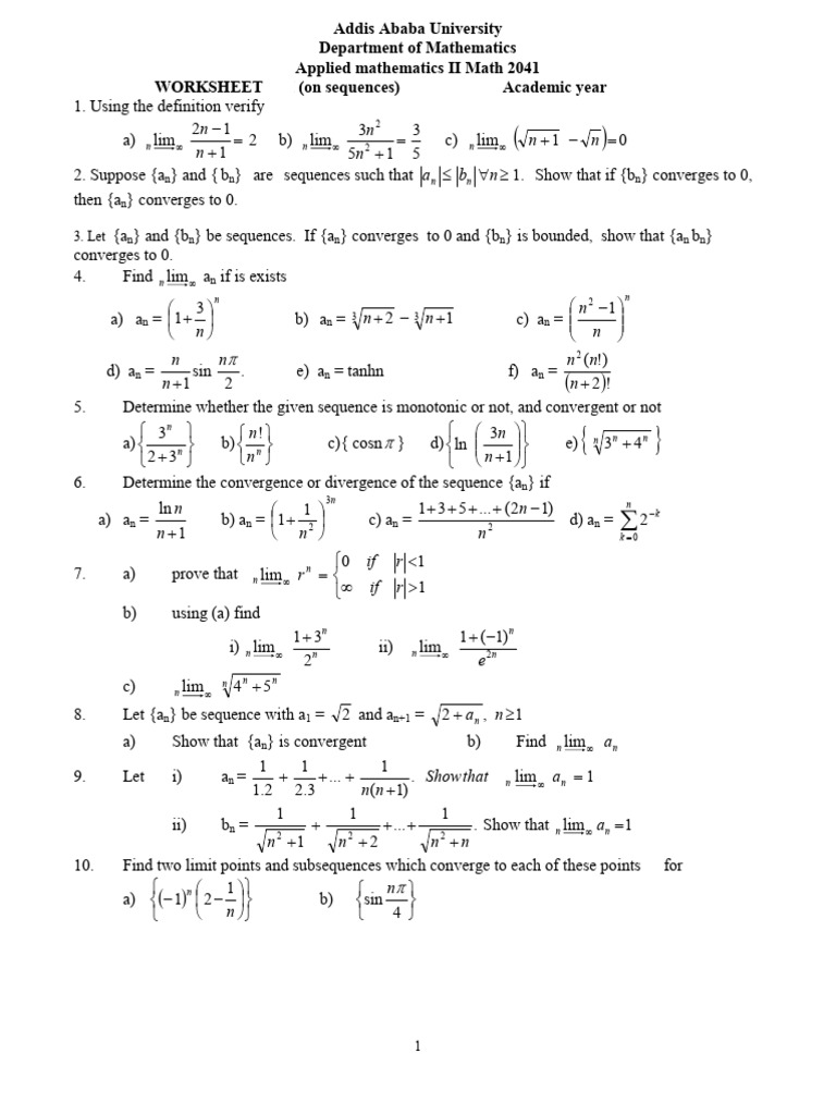 Worksheet On Sequences and Series | PDF | Sequence | Real Analysis