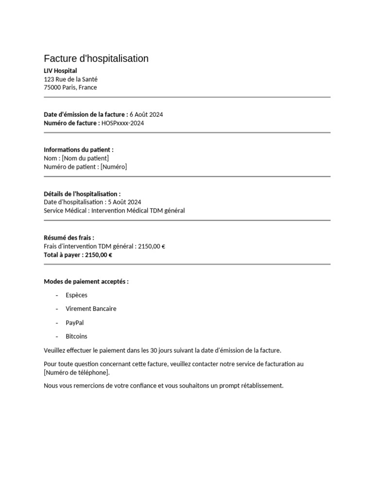 Facture d'hospitalisation - LIV Hospital | PDF