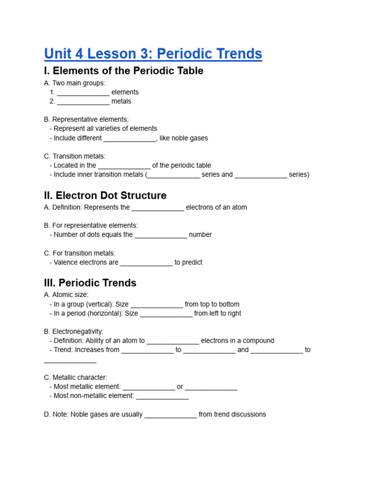 Unit 4 Lesson 3 - Periodic Trends - Guided Notes | PDF
