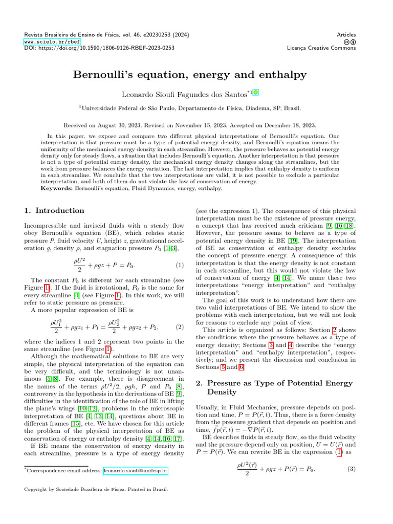 SBF - 2024 - Bernoulli's Equation, Energy and Enthalpy | PDF | Fluid Dynamics | Pressure