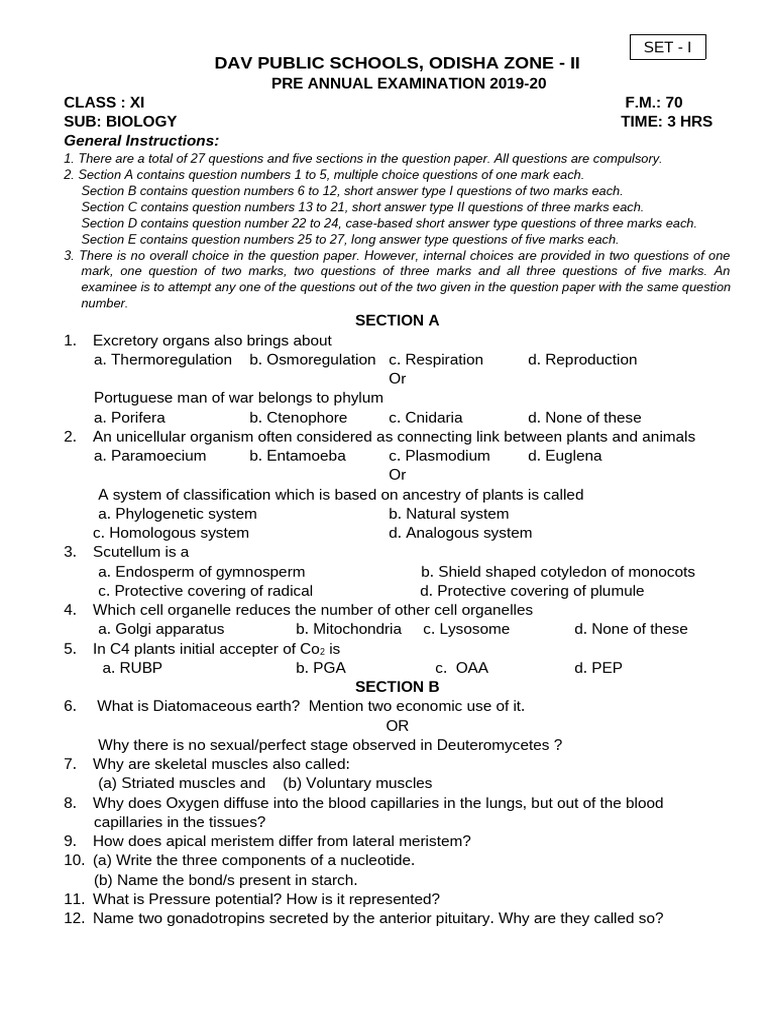 XI - Bio - Pre - Annual - Set - 1 - FINAL OK | PDF | Enzyme | Biology
