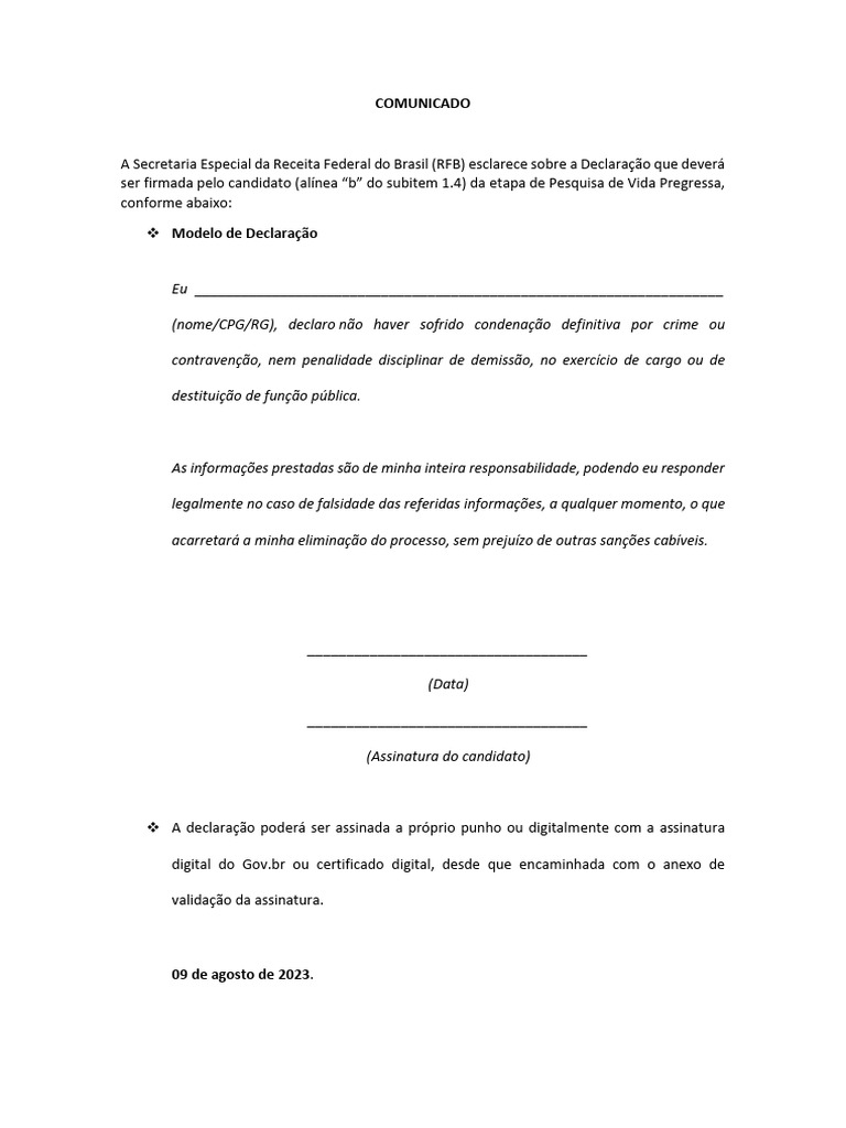 Comunicado RFB Vida Pregressa 1 | PDF