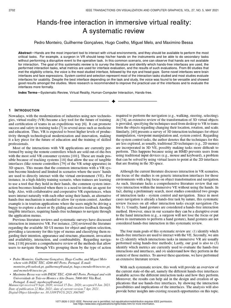 Hands-Free Interaction in Immersive Virtual Reality A Systematic Review | PDF | Virtual Reality ...