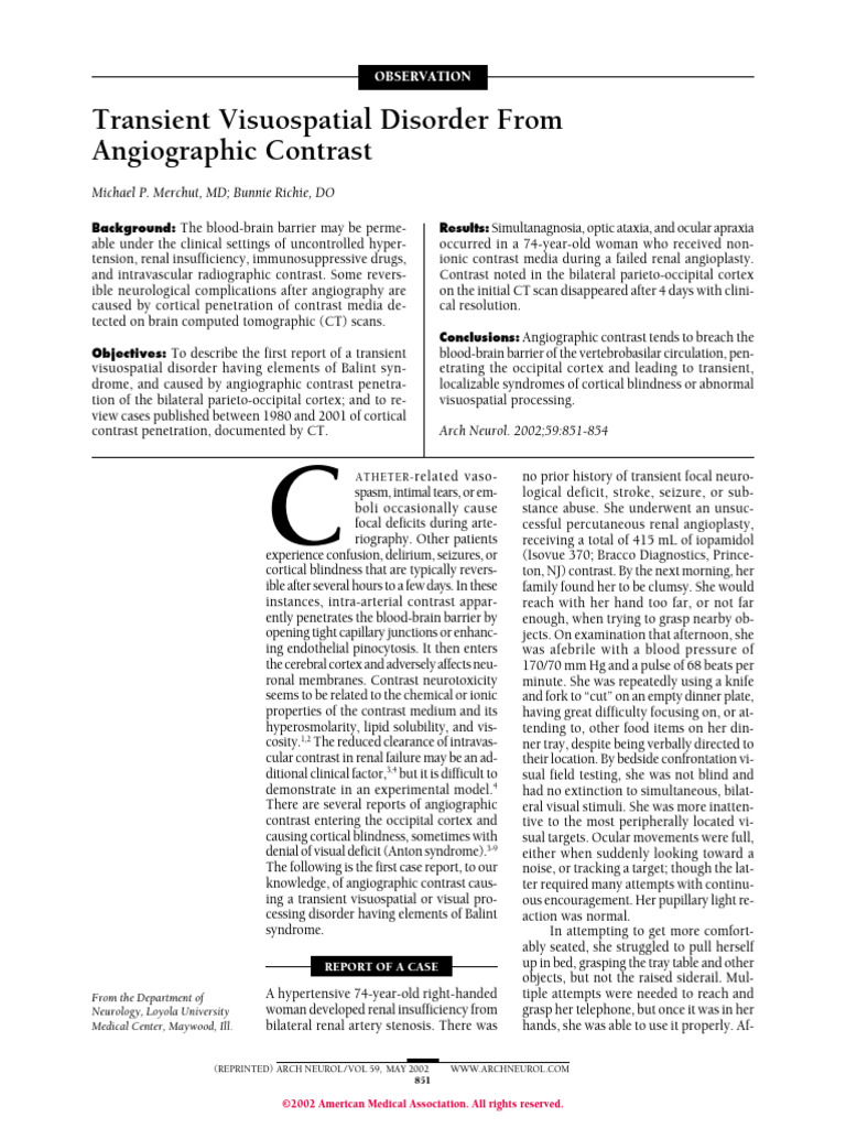 Transient Visuospatial Disorder from Angiographic Contrast | PDF ...