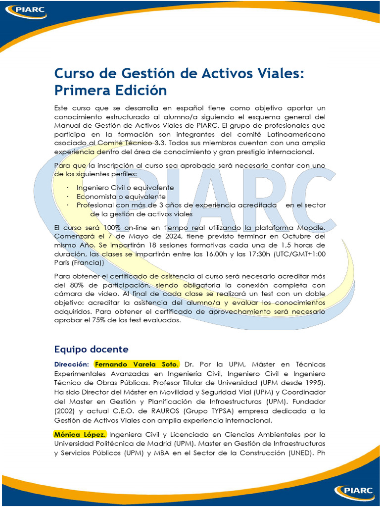 PlanCurricular PIARC-Gesti-n-de-Activos-Viales | PDF | Ingeniero civil | Infraestructura