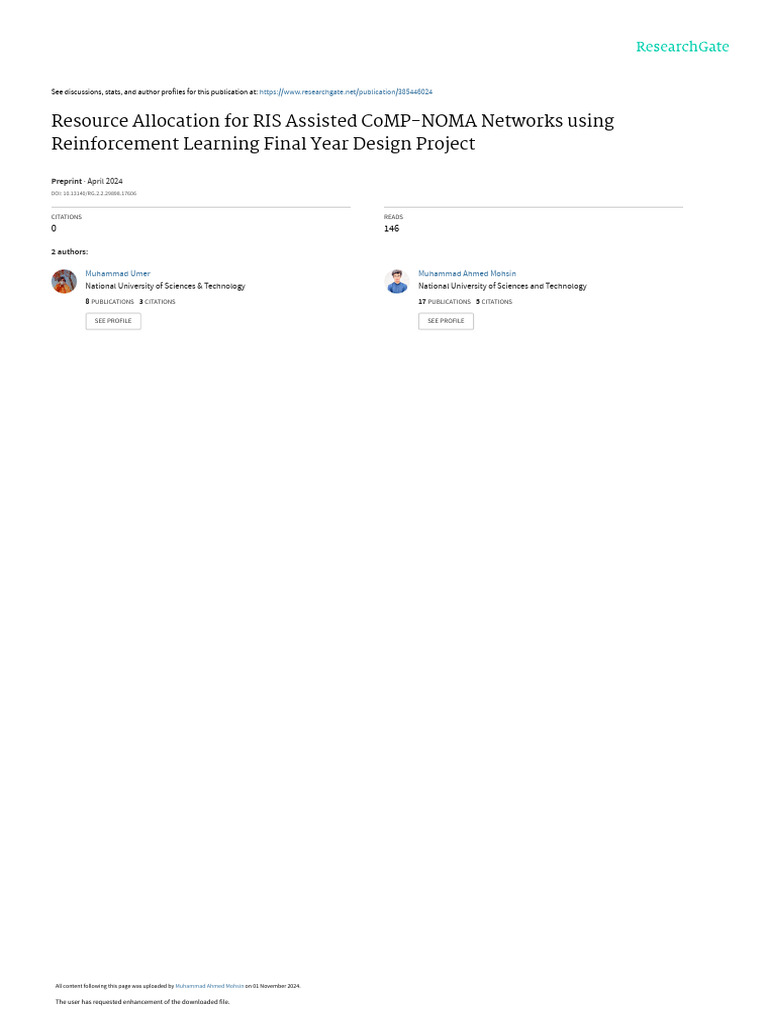 Resource Allocation for RIS Assisted CoMP-NOMA Networks using Reinforcement Learning Final Year ...