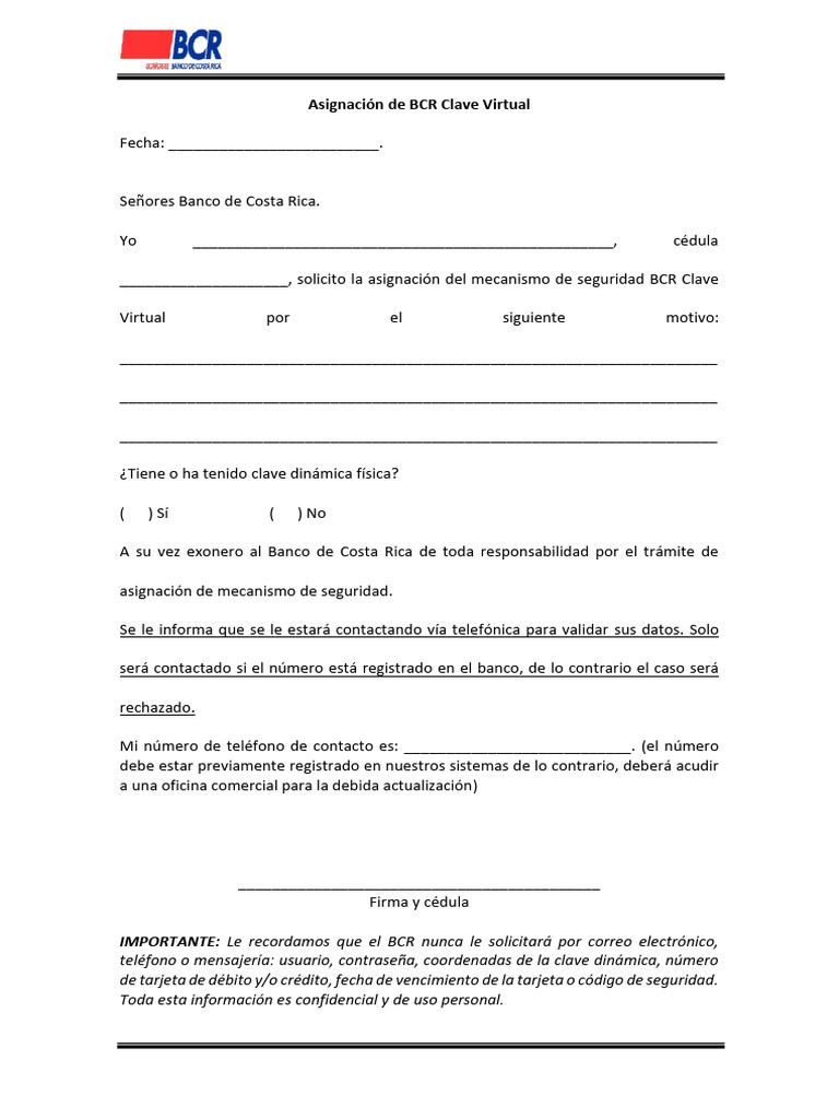 Asignación BCR Clave Virtual (1) | PDF