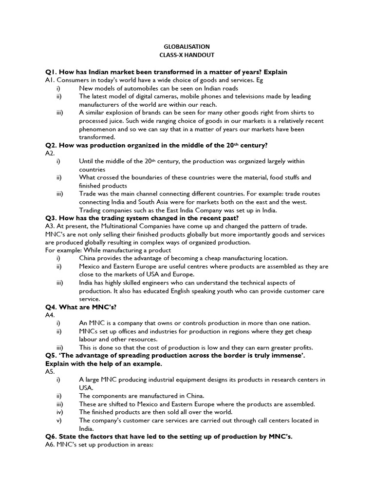 GLOBALISATION NOTES | PDF | Globalization | Exports