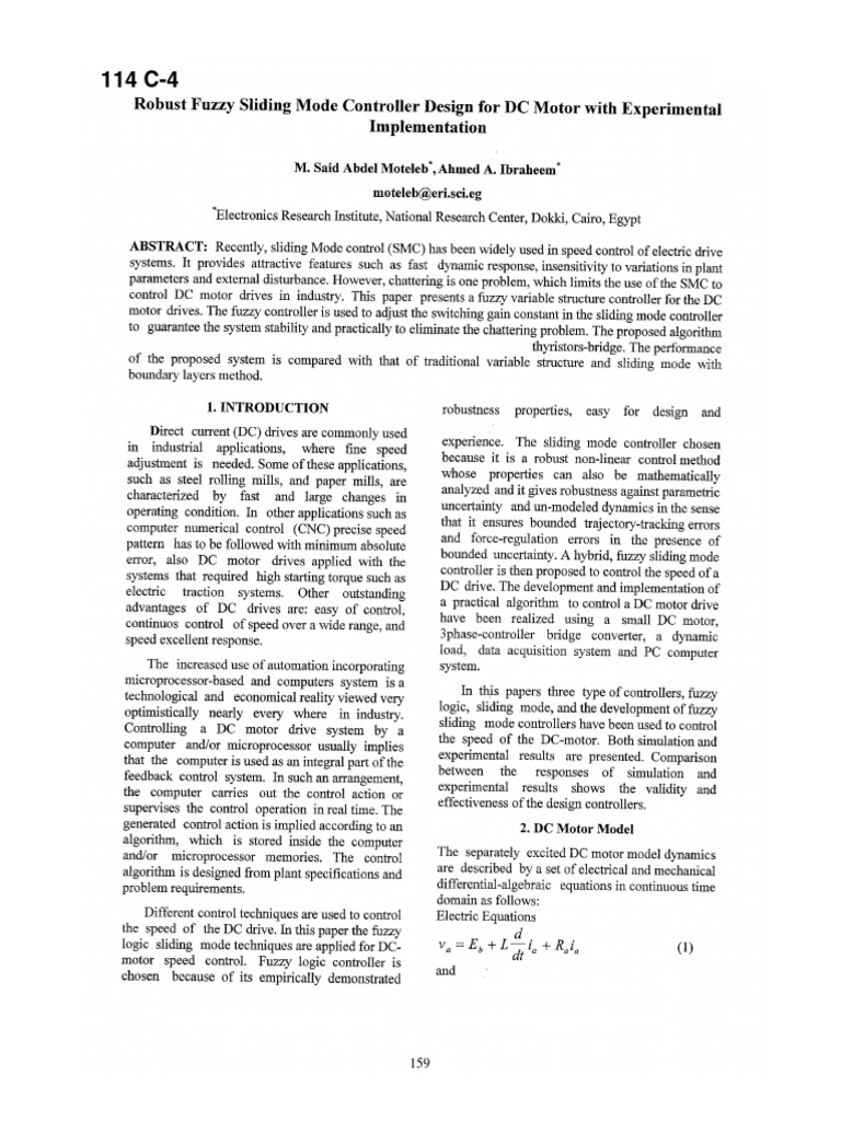Robust Fuzzy Sliding Mode Controller Design For DC Motor With Experimental Implementation | PDF