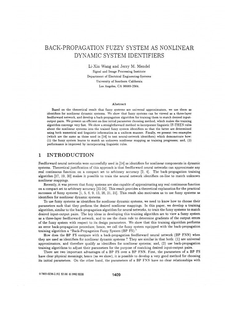Back-propagation fuzzy system as nonlinear dynamic system identifiers | PDF
