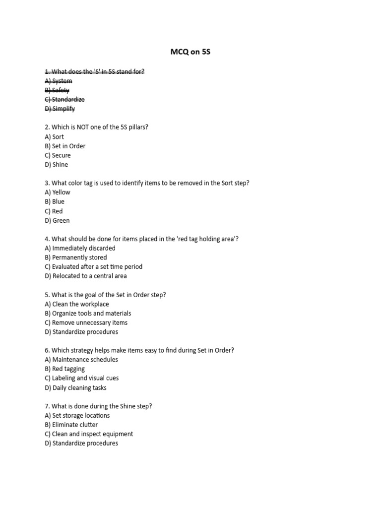 MCQ - 5S | PDF | Inventory | Audit