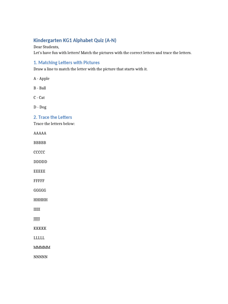 KG1 Alphabet Quiz A To N | PDF