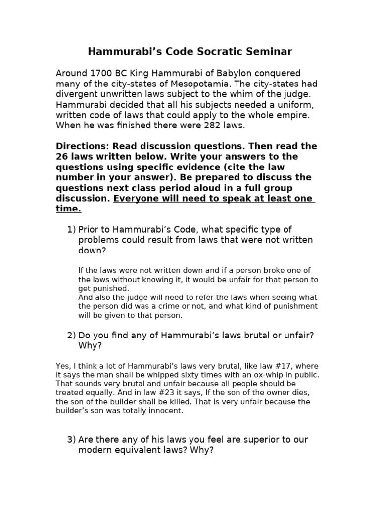 Lesson 6 - Hammurabi's Code Socratic Seminar | PDF