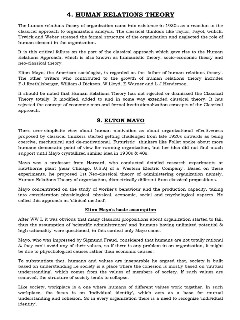 4. Human Relations Theory | PDF | Incentive | Organizational Behavior