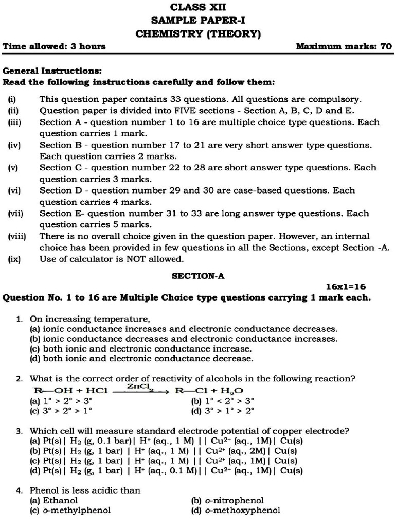 Chemistry Sample Paper 1 | PDF
