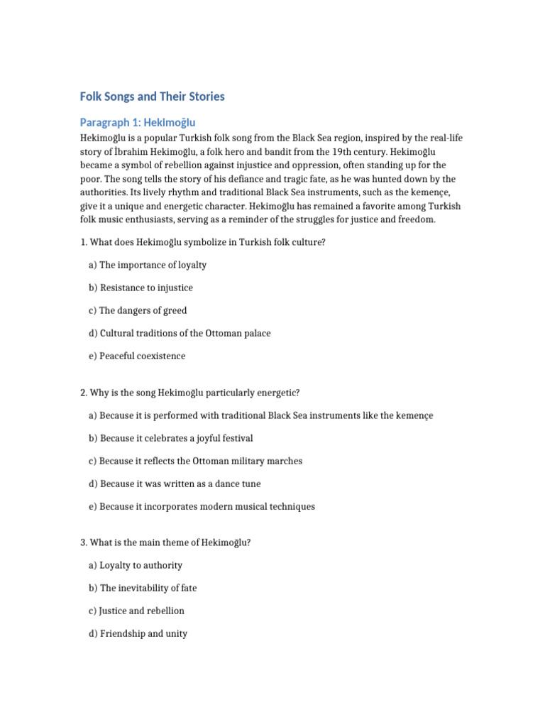 Folk Songs All Paragraphs and Questions | PDF | Turkey | Folk Music